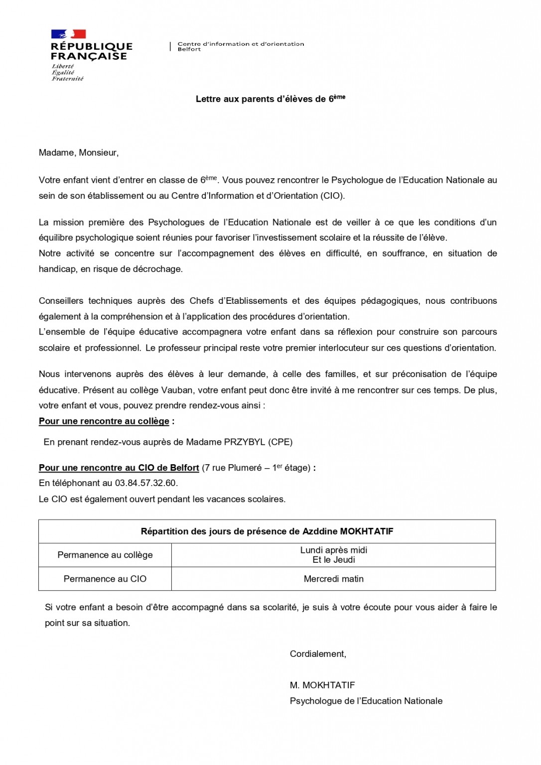 Lettre aux parents – Élèves de 6ème et 3ème – Collège Vauban